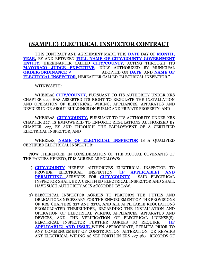 Fillable Online dhbc ky SAMPLE ELECTRICAL INSPECTOR CONTRACT - dhbc ky ...