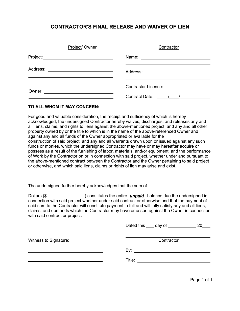 Full And Final Unconditional Lien Waiver Fill Online Printable 