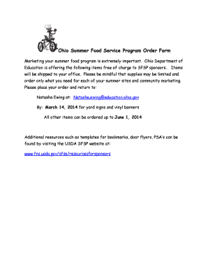 Fillable Online Ohio Summer Food Service Program Order Form Fax Email ...