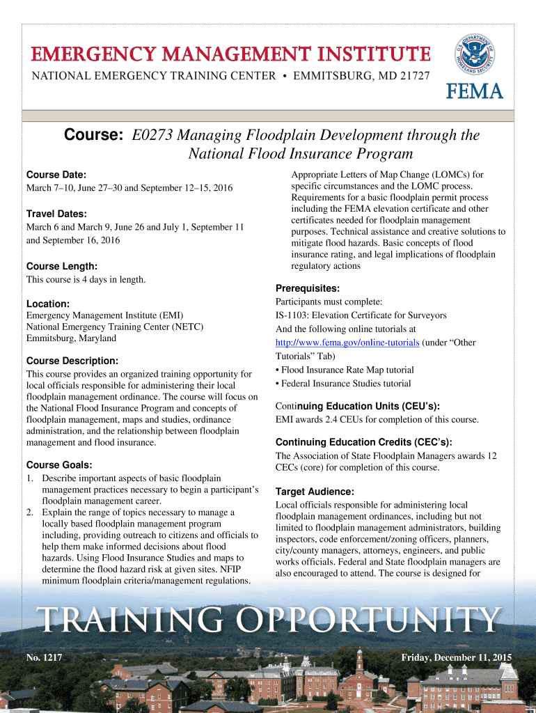 Fillable Online training fema E0273 FY16 - Emergency Management ...