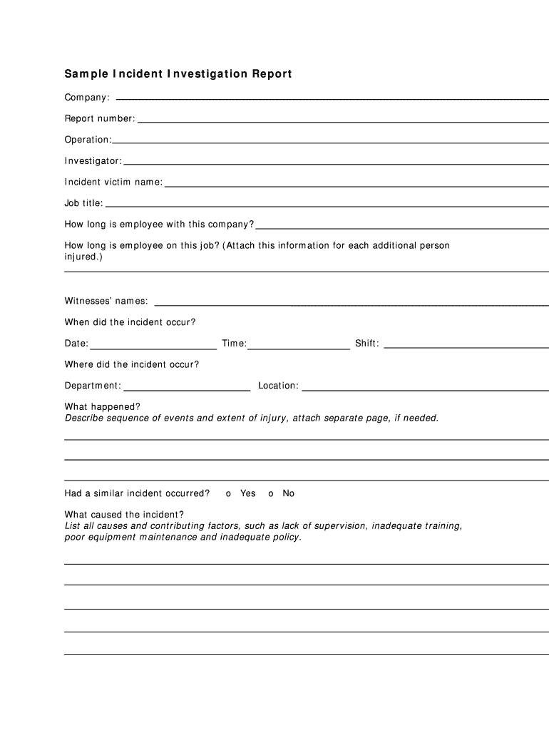 Fillable Online Sample Incident Investigation Report Company: Report ...