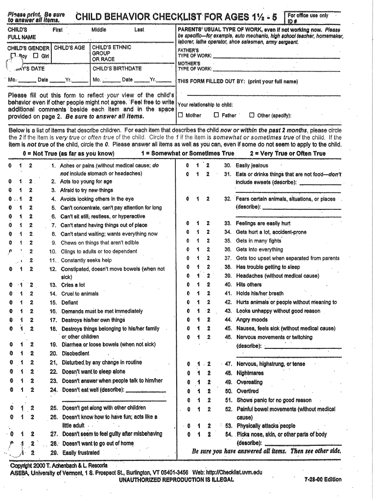 Child Behaviour Checklist Pdf Fill Online Printable Fillable Blank 