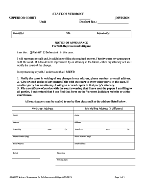 Fillable Online vermontjudiciary Pro Se Notice of Appearance Fax Email ...