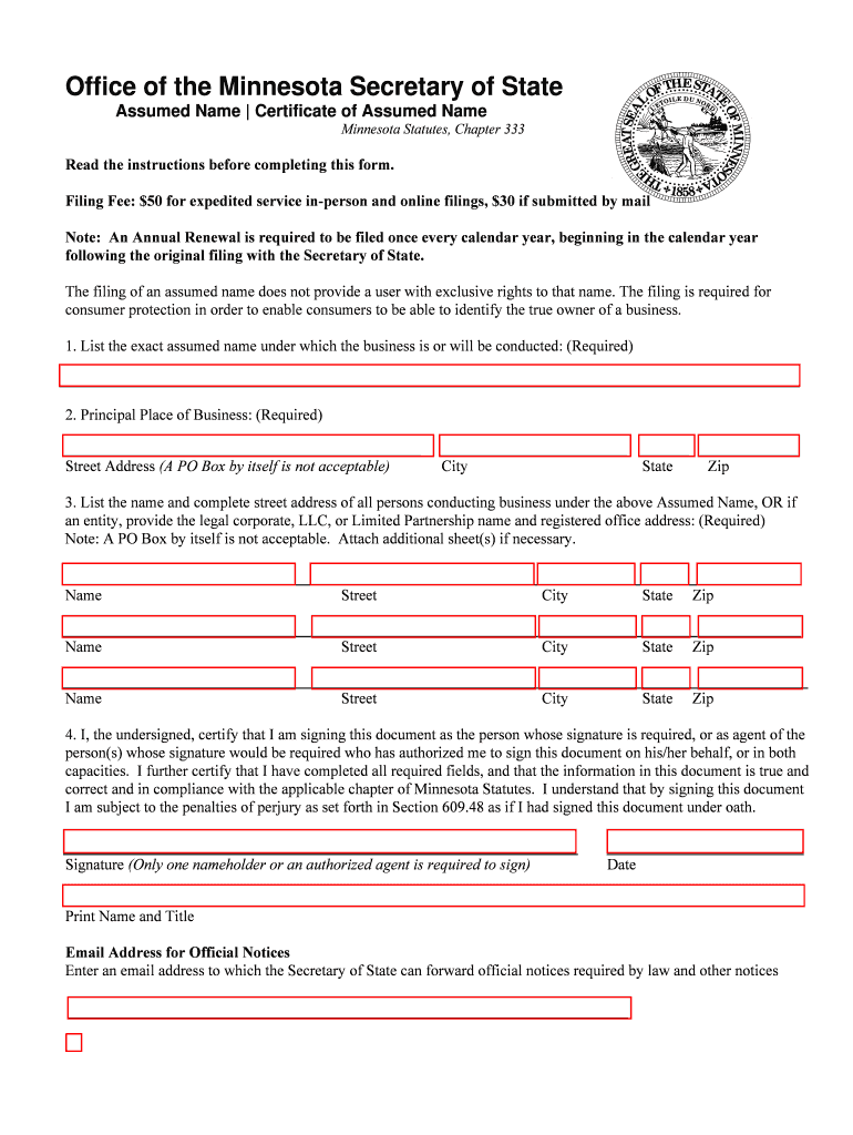 Fillable Online sos mn Certificate of Assumed Name Registration ...