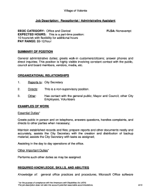 Fillable Online Job Description: Receptionist - Village Of Volente Fax