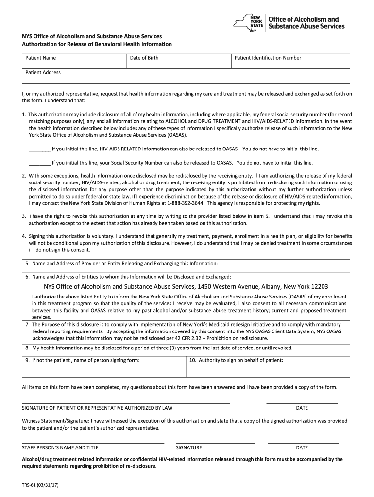 Fillable Online oasas ny Fillable Authorization for Release of ...