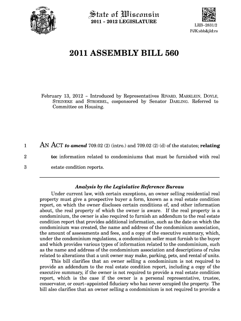 Fillable Online docs legis wisconsin 2011 assembly bill 560 - Wisconsin ...