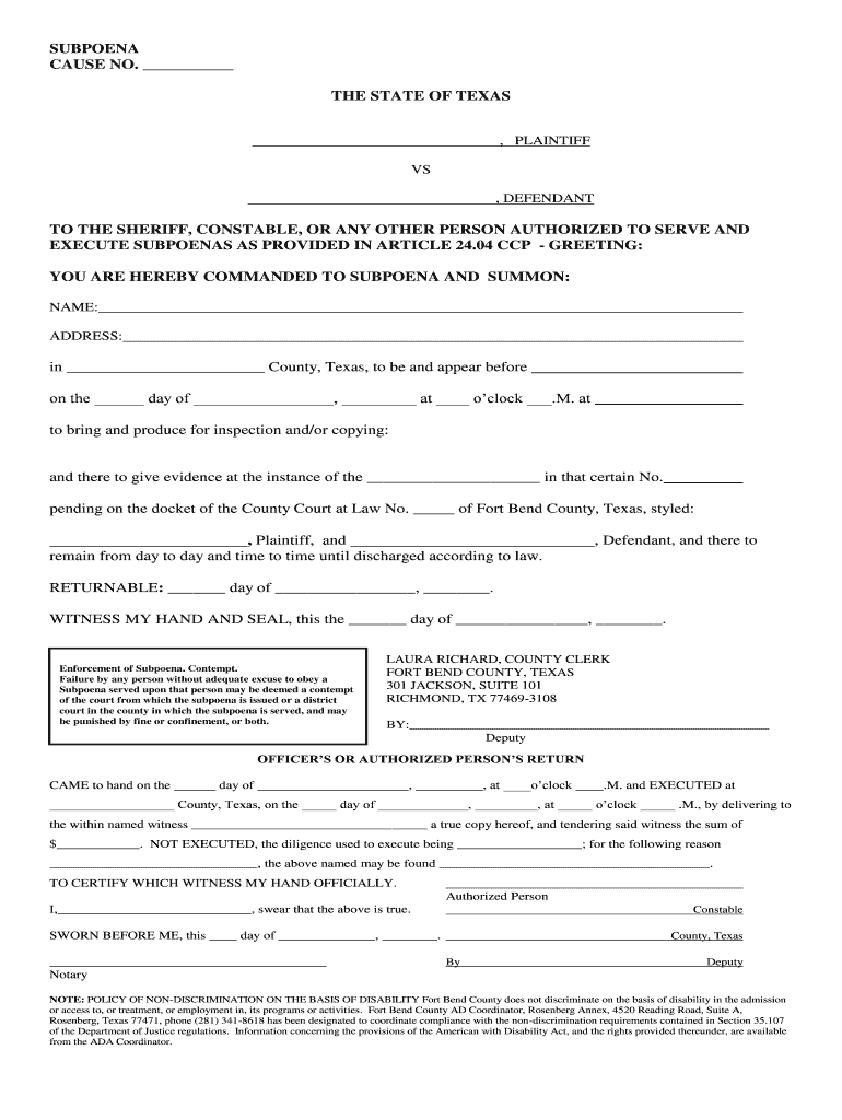 Fillable Online SUBPOENA CAUSE NO THE STATE OF TEXAS TO THE Fax Email ...