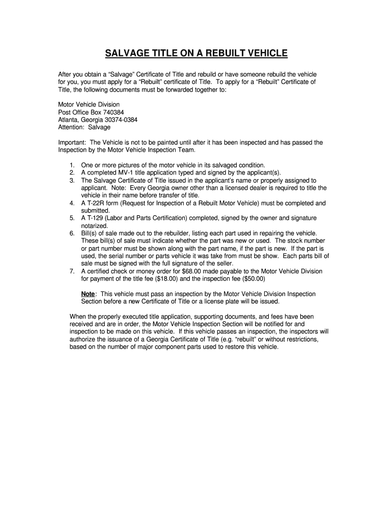 Fillable Online SALVAGE TITLE ON A REBUILT VEHICLE - Tax Commissioner's ...