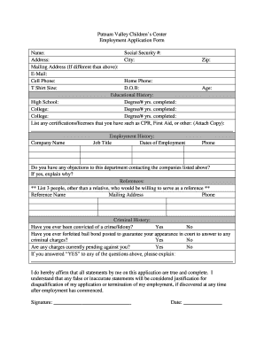 Fillable Online Putnam Valley Children's Center Employment Application ...