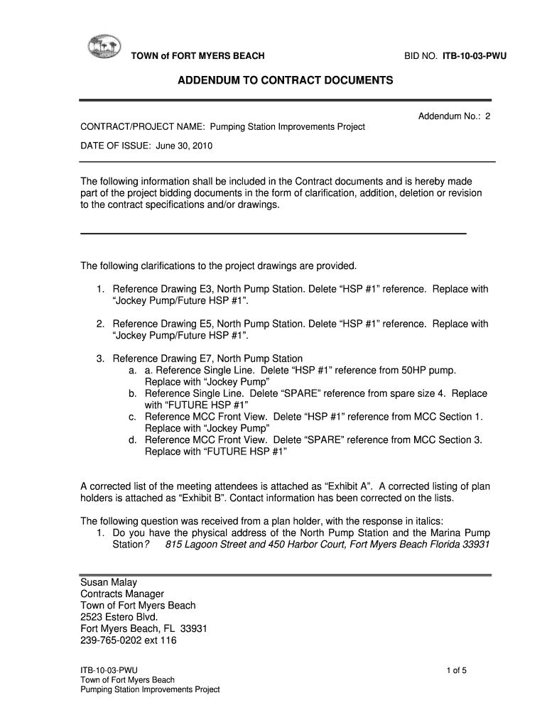 Fillable Online Addendum to contract documents - Town of Fort Myers ...