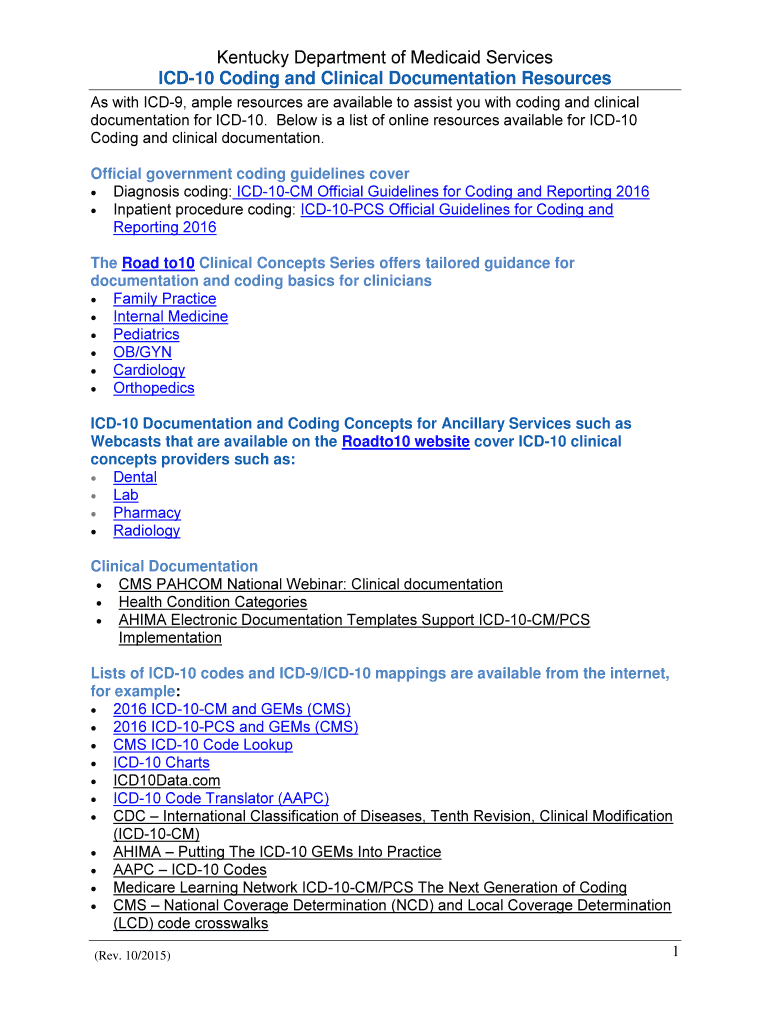 Fillable Online chfs ky ICD-10 Coding and Clinical Documents Resources ...