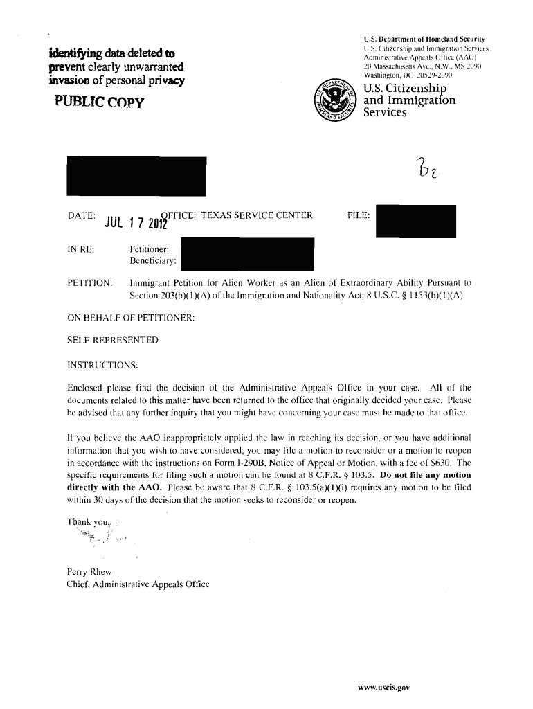 Fillable Online uscis Administrative Appeals Office (AiO) - uscis Fax ...