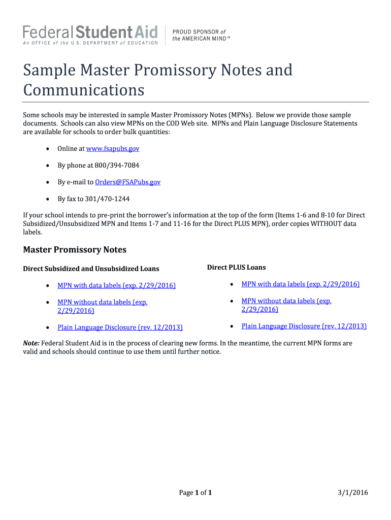 Fillable Online ifap ed Sample Master Promissory Notes and ...