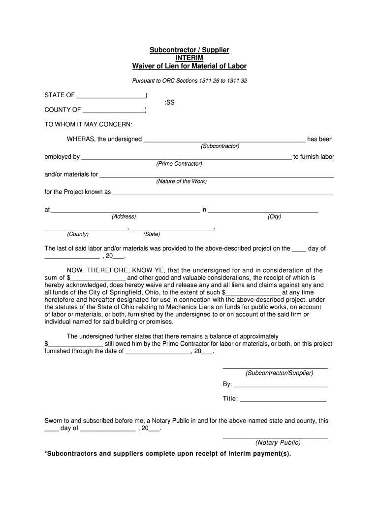 Fillable Online Subcontractor Supplier INTERIM Waiver of Lien for ...