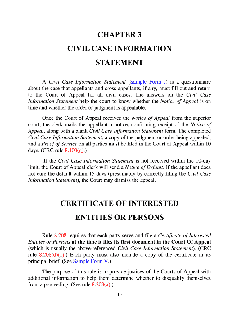 Fillable Online courts ca CHAPTER 3 CIVIL CASE INFORMATION ... - California Courts - courts ca ...