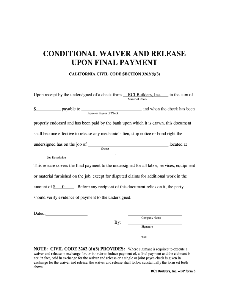 Conditional Waiver And Release On Final Payment Fill Online 