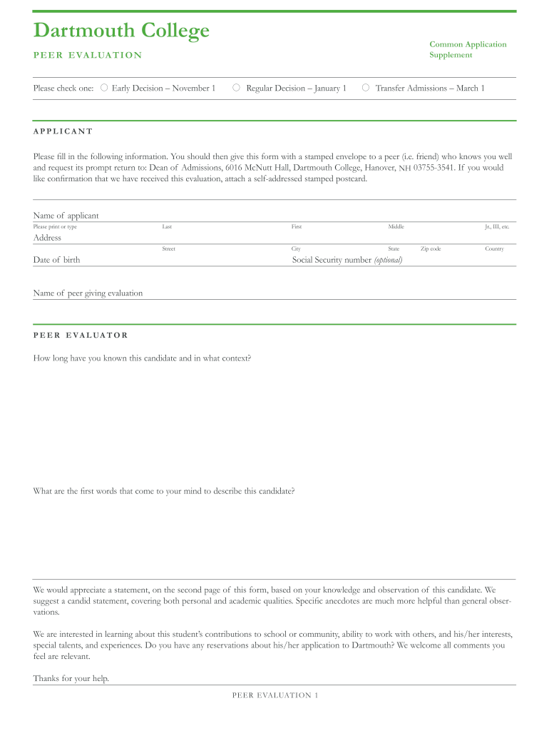 Dartmouth Peer Recommendation Example Fill Online Printable 