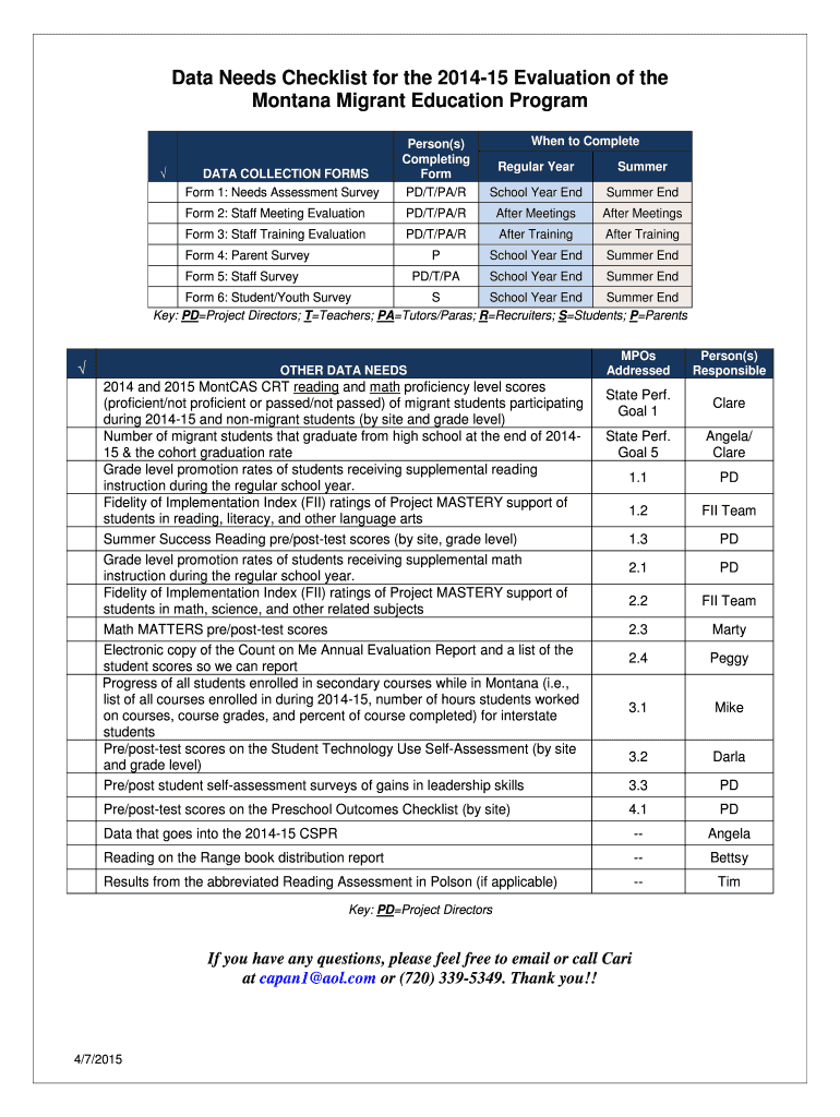 Fillable Online opi mt 2014-15 MTMEP Data Needs Checklist Data Needs ...