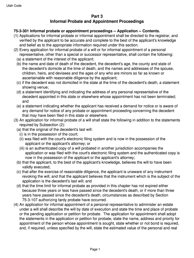 Fillable Online le utah Part 3 Informal Probate and Appointment Proceedings - le utah Fax Email ...