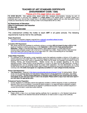 Fillable Online nj Teacher of art standard certificate endorsement code ...