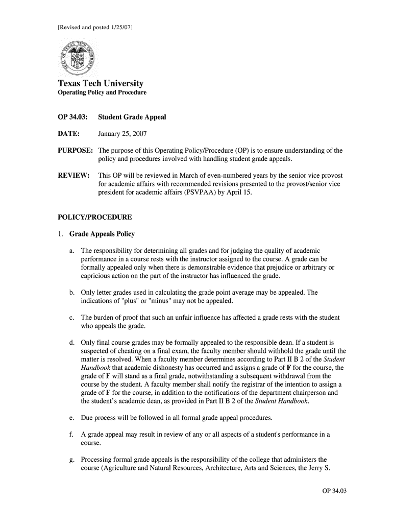 Fillable Online depts ttu OP 34.03 - depts ttu Fax Email Print - pdfFiller