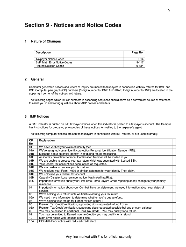 Fillable Online irs Document 6209 Rev 12015 - Section 9 - Notices and ...