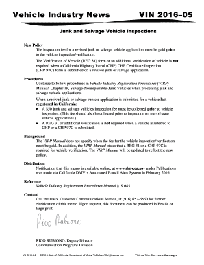 Fillable Online dmv ca VIN 2016-05 Junk and Salvage Vehicle Inspections ...