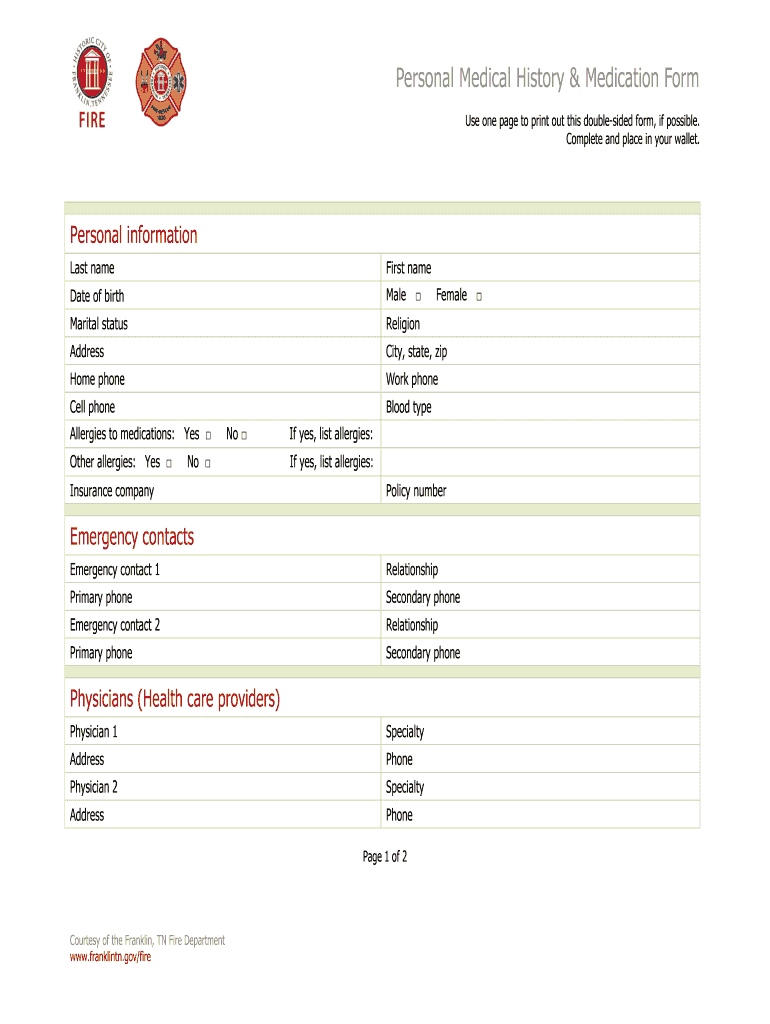 Fillable Online Fillable Personal Medical History amp Medication Form ...