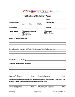 Fillable Online Notification of Disciplinary Action Form Fax Email Print - pdfFiller