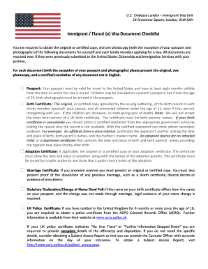 Fillable Online Immigrant / Fianc (e) Visa Document Checklist - US ...
