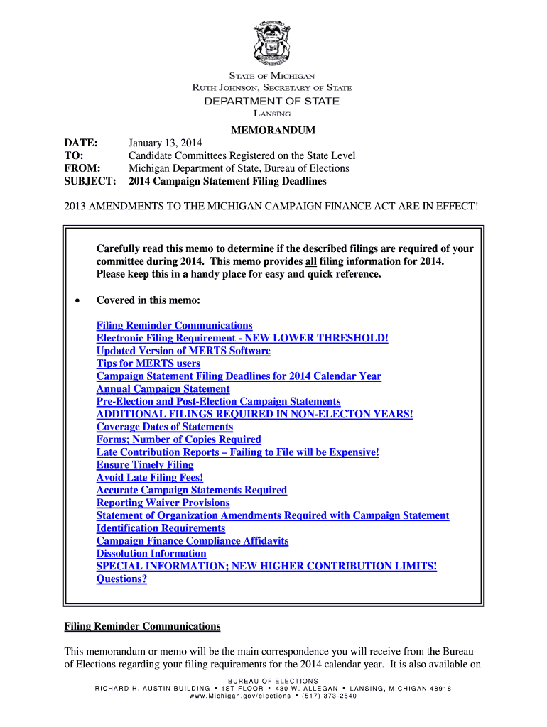 Fillable Online 2014 Candidate Memo - State of Michigan Fax Email Print ...