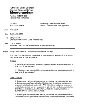 Fillable Online irs AM 2009-012 Entity Classification of Liechtenstein ...