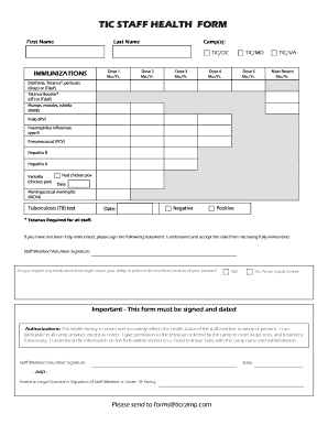 Fillable Online Tic staff health form - TIC Camp Fax Email Print ...