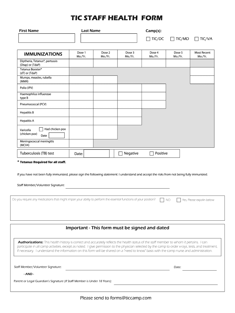 Fillable Online Tic staff health form - TIC Camp Fax Email Print ...