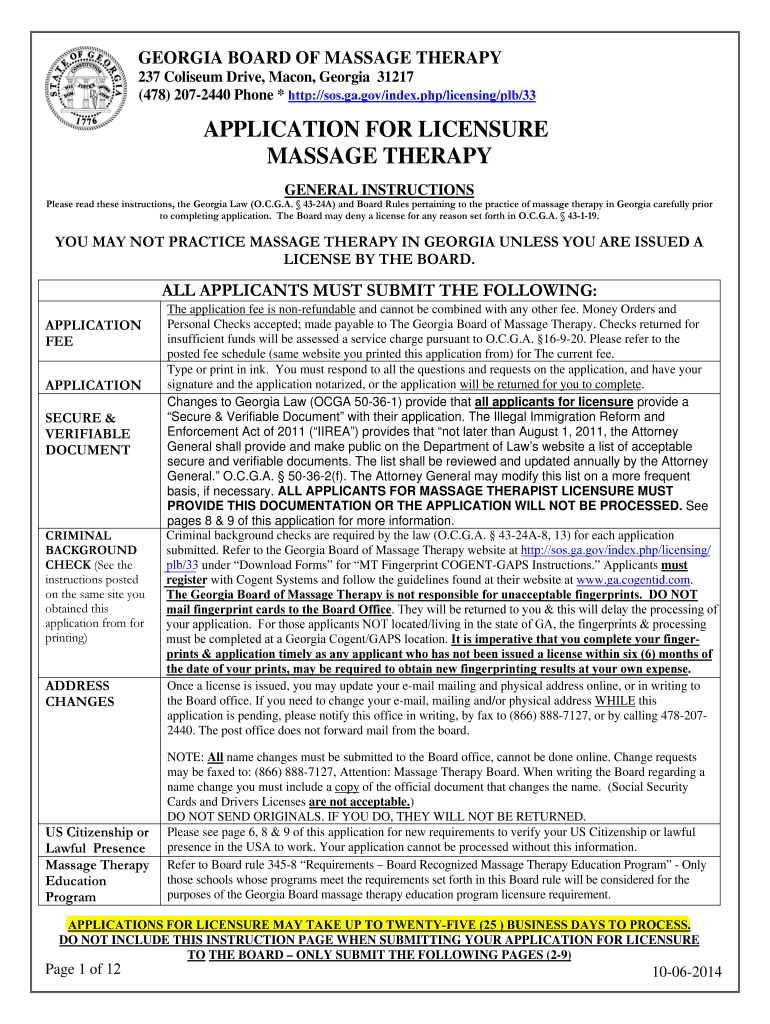 Fillable Online sos ga 50 - MT Application for Licensure 10-9-13 - sos ...