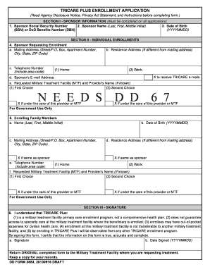 Fillable Online reginfo DD Form 2853 TRICARE Plus Enrollment ...