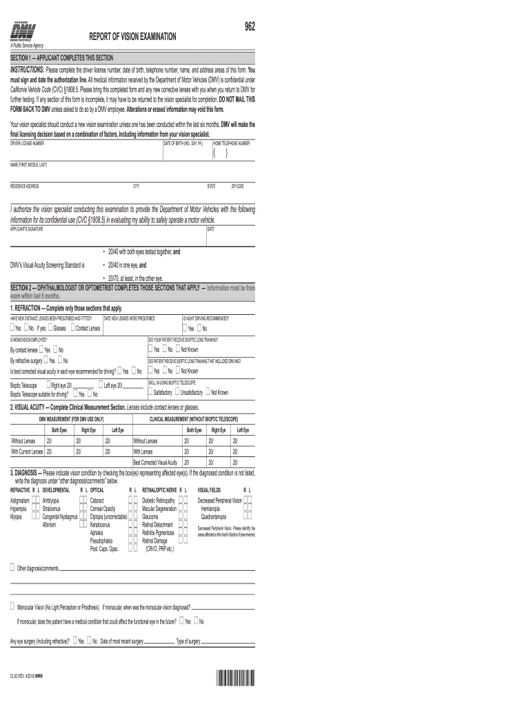 Dmv Vision Form California Fill Out Sign Online DocHub