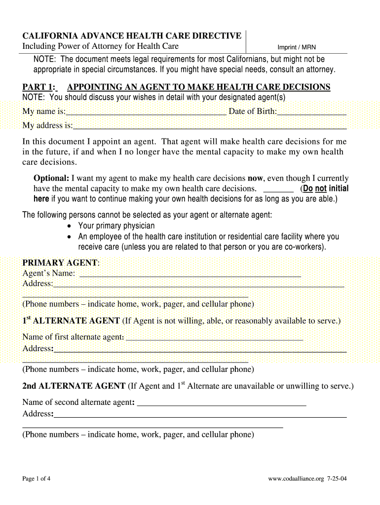 Printable Medical Power Of Attorney Form California Fill Online 