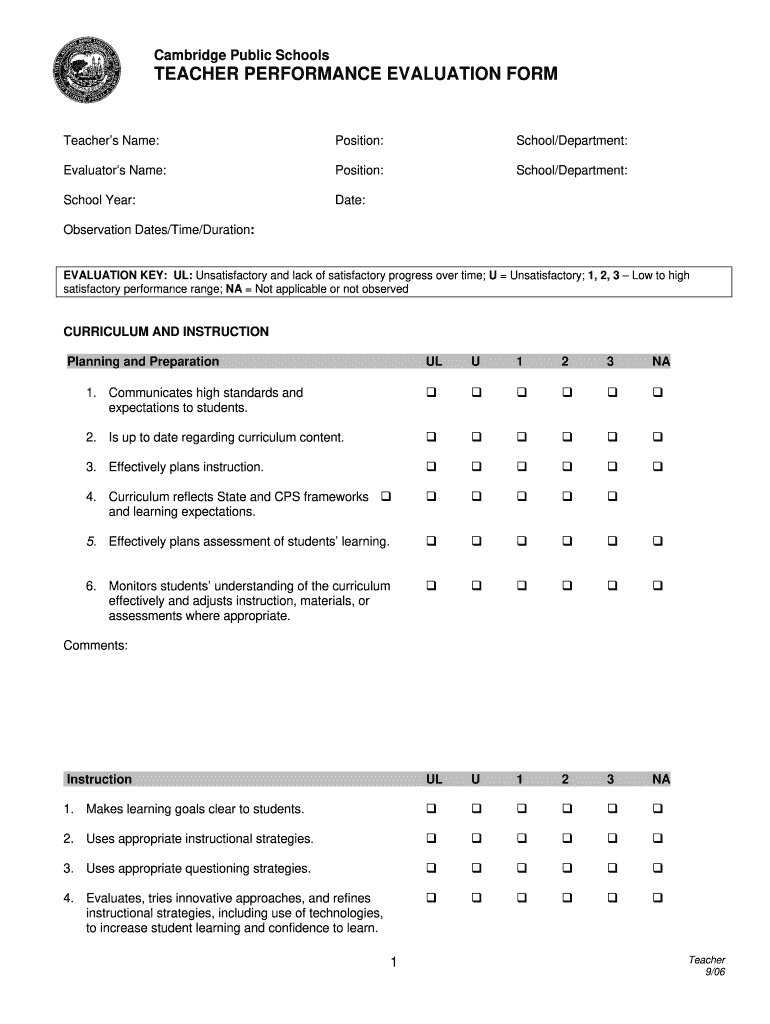 Cambridge Public Schools Teacher Performance Evaluation Form 2006 2021