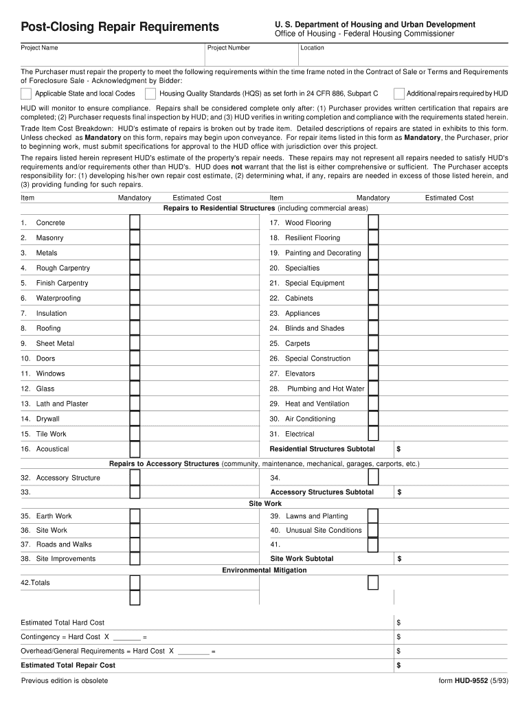 Fillable Online portal hud Post-Closing Repair Requirements Fax Email ...