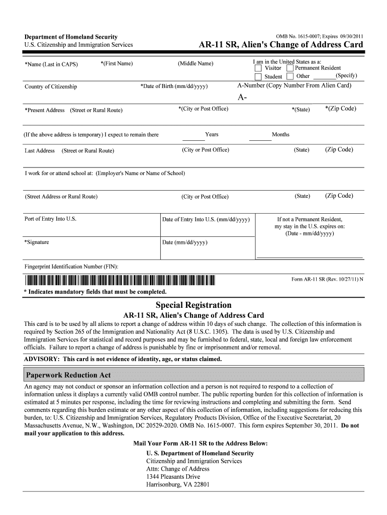Fillable Online reginfo AR-11 SR Aliens Change of Address Card Special ...