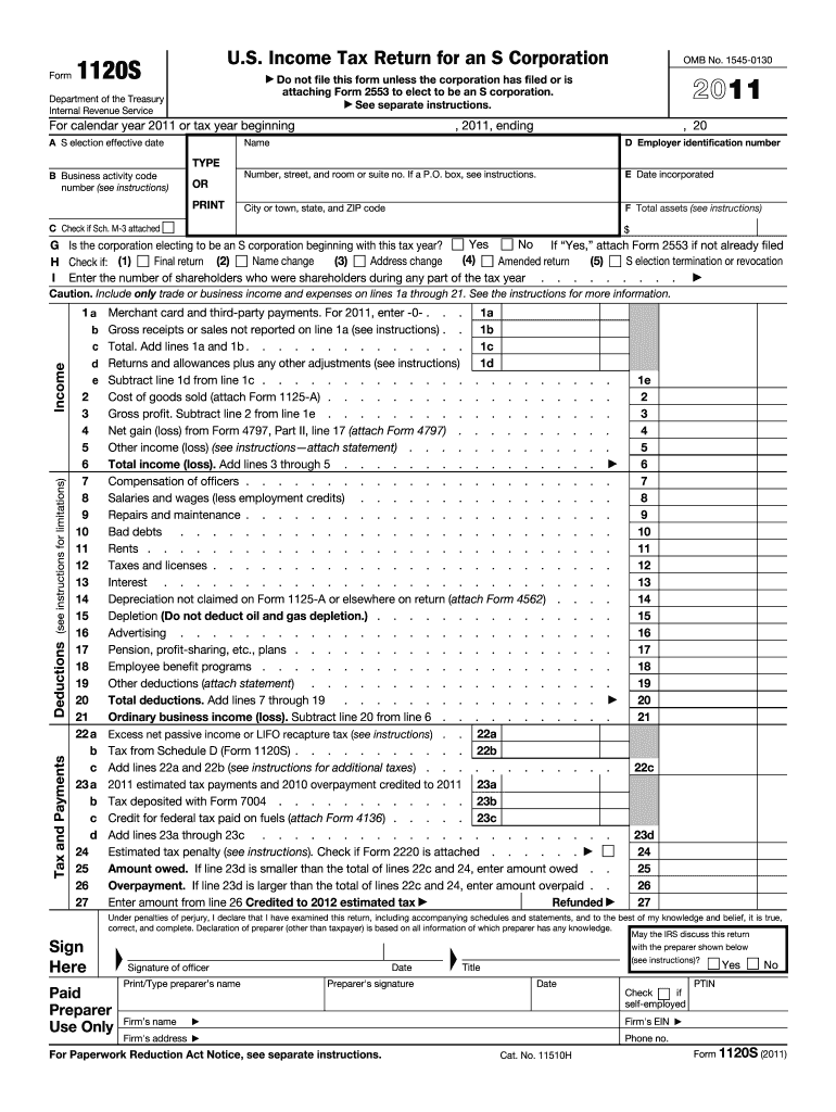 Fillable Online irs Income Tax Return for an S Corporation 1120S ...
