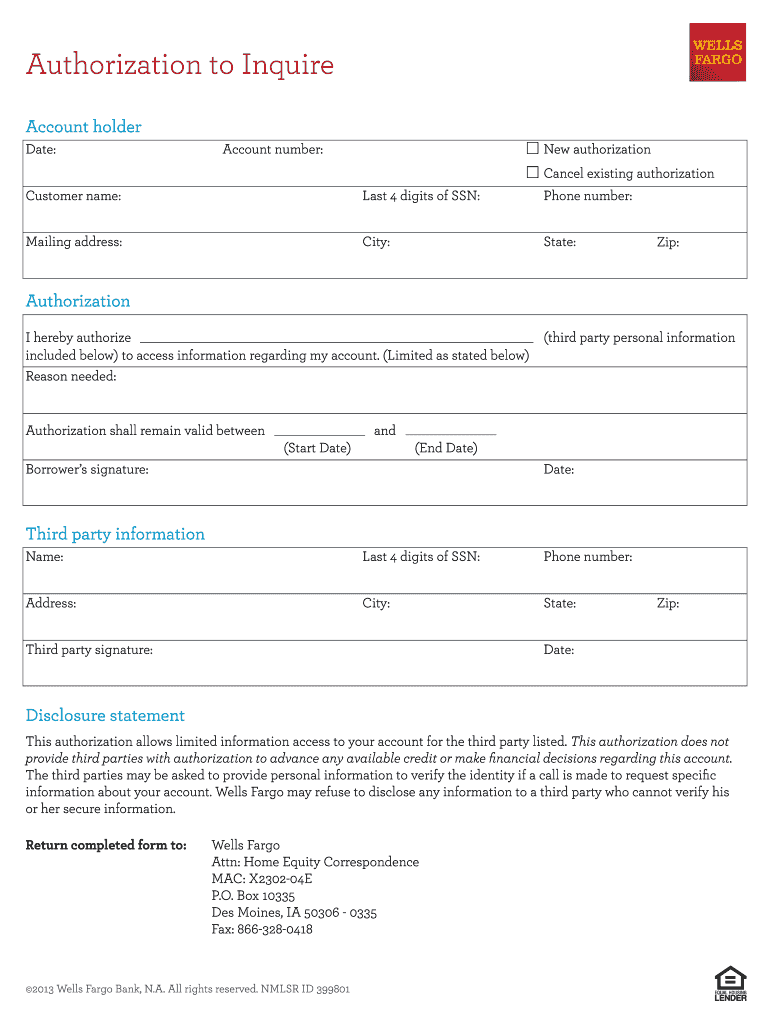 Wells Fargo Authorization To Inquire Form Fill And Sign Printable 
