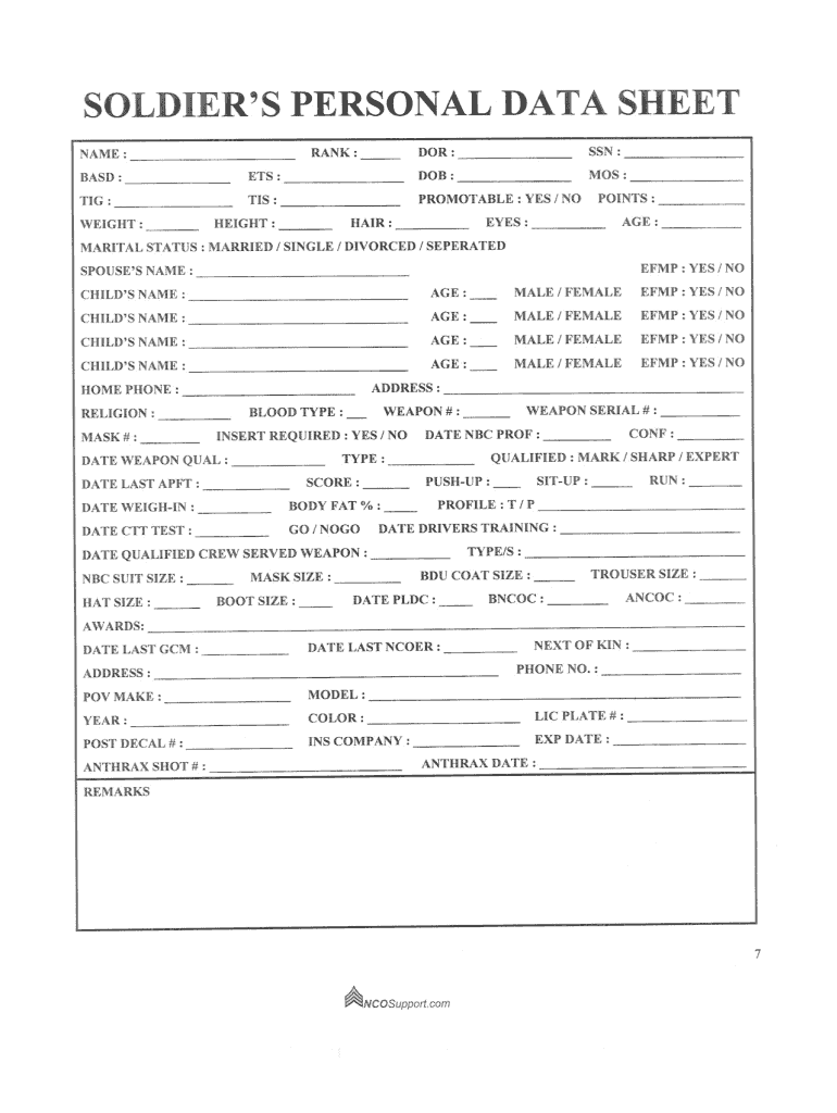 Personal Data Sheet Army Fill Online Printable Fillable Blank