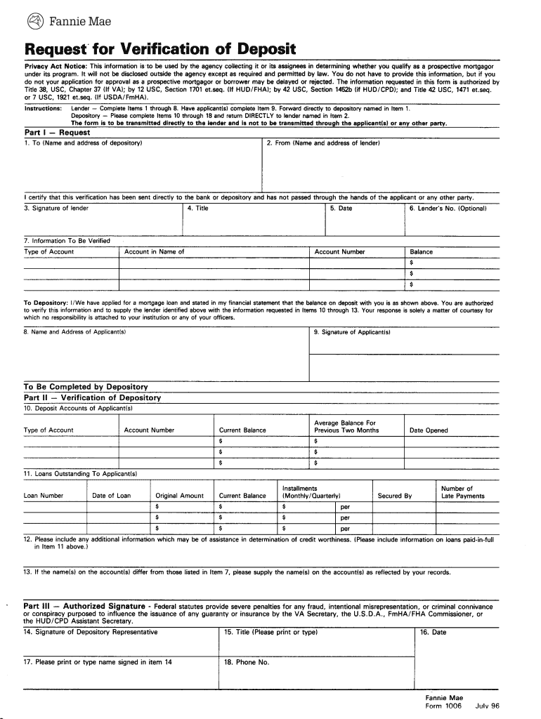 Verification Of Deposit Fill Online Printable Fillable Blank 