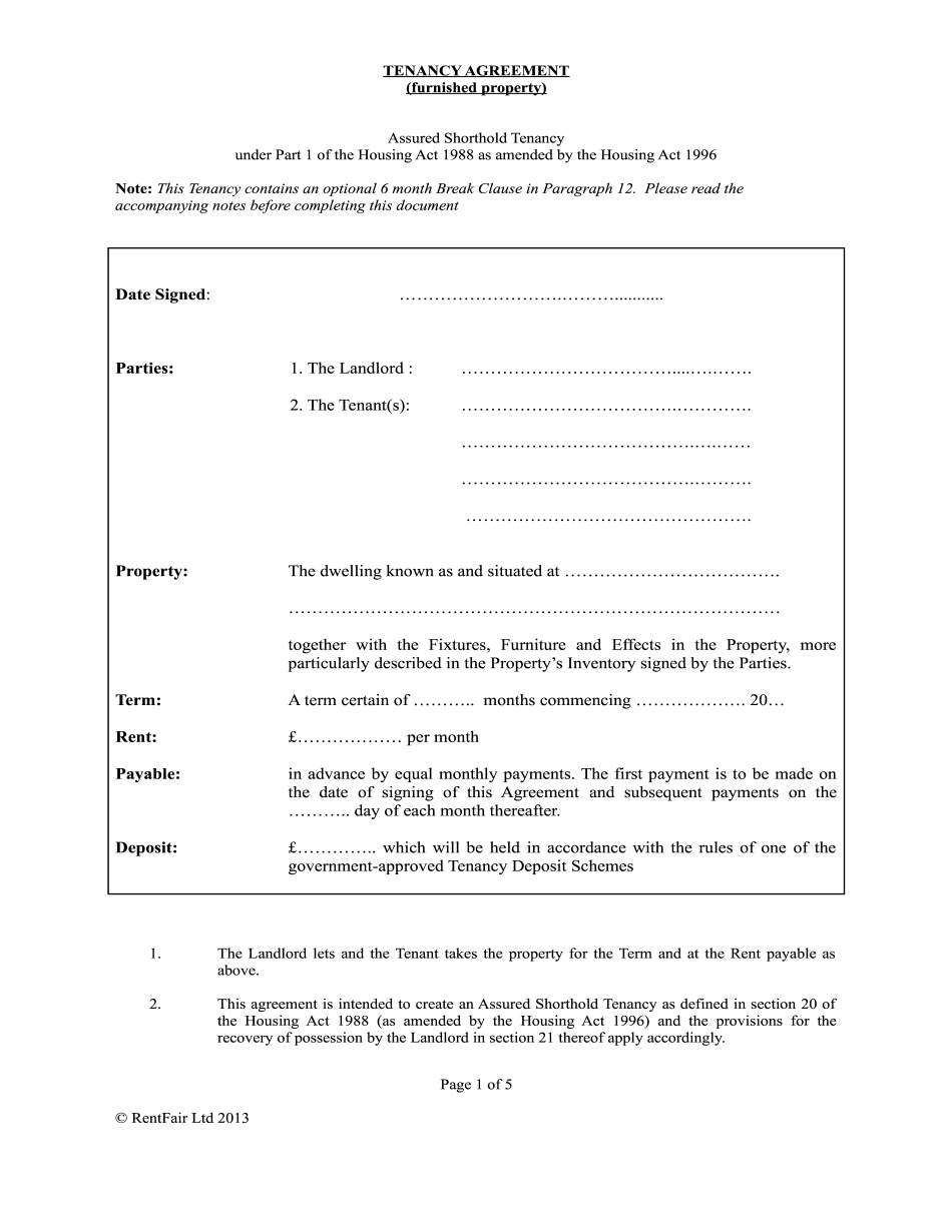 Assured Short Term Tenancy Agreement Template