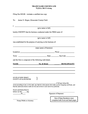 Fillable Online TRADE NAME CERTIFICATE NJSA 561-1 et seq Filing Fee Fax ...