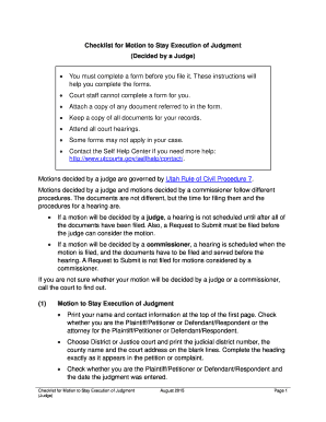 Fillable Online utcourts Checklist for Motion to Stay Execution of ...