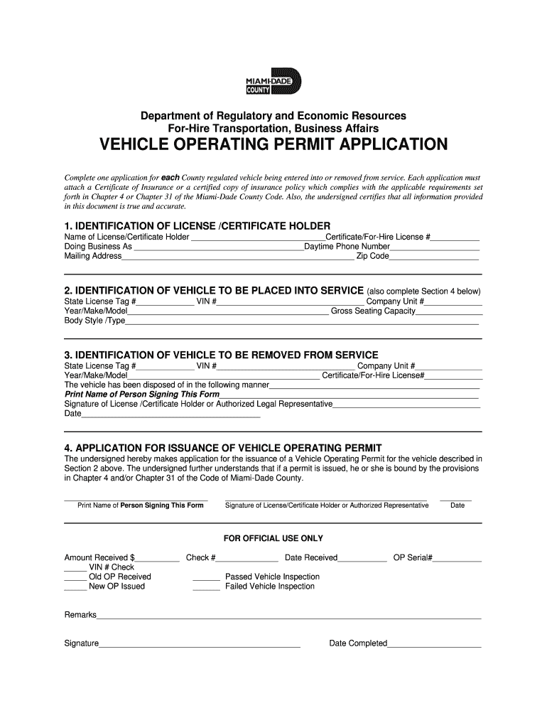 Fillable Online miamidade VEHICLE OPERATING PERMIT APPLICATION Fax ...